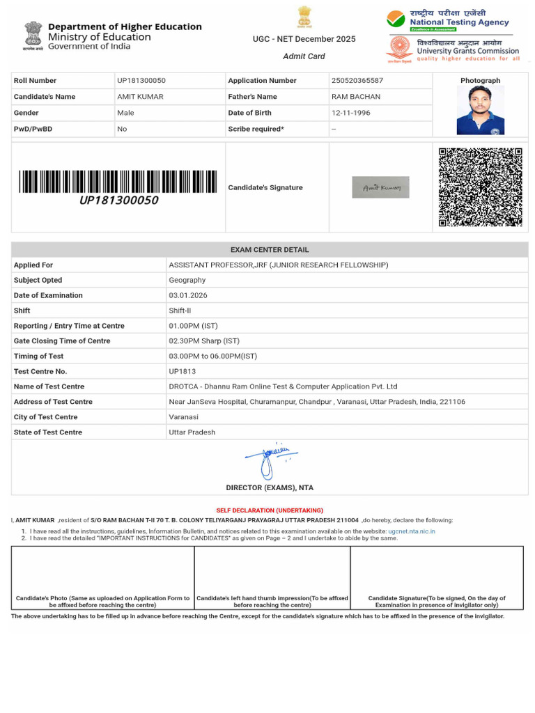 UGC NET Admit Card Details | PDF