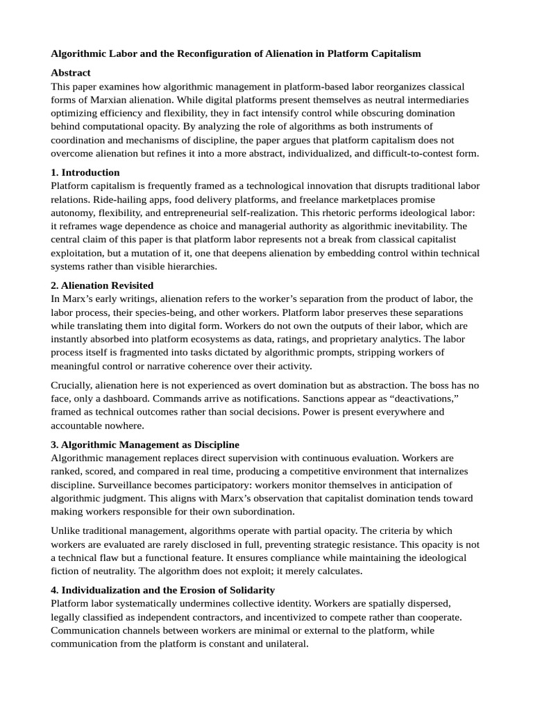 Algorithmic Labor and Alienation in Capitalism | PDF | Marx's Theory Of ...