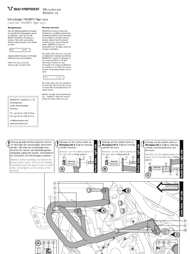 Tiger 1050 Crash Bar Sw-Motech Fitting Instructions | PDF