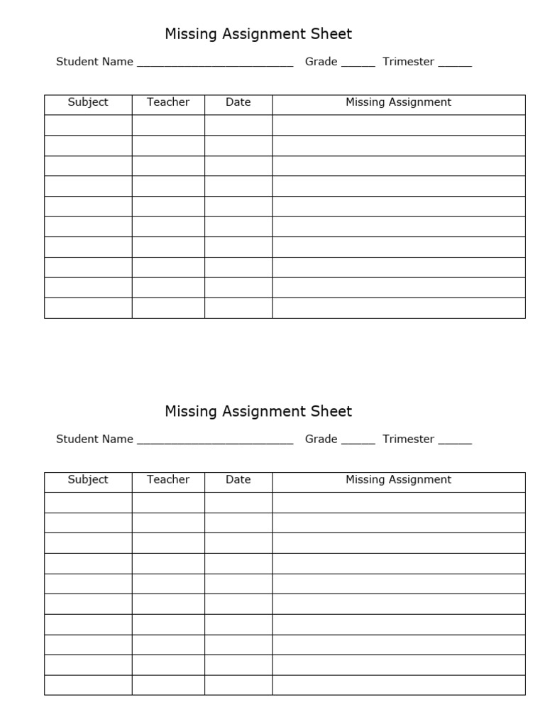 Missing Assignment Sheet | PDF