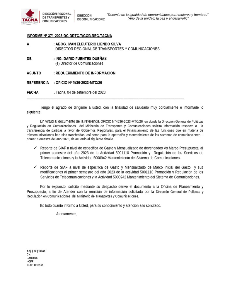 Informe Nº 371-2023-Dc Requerimiento de Informacion | PDF