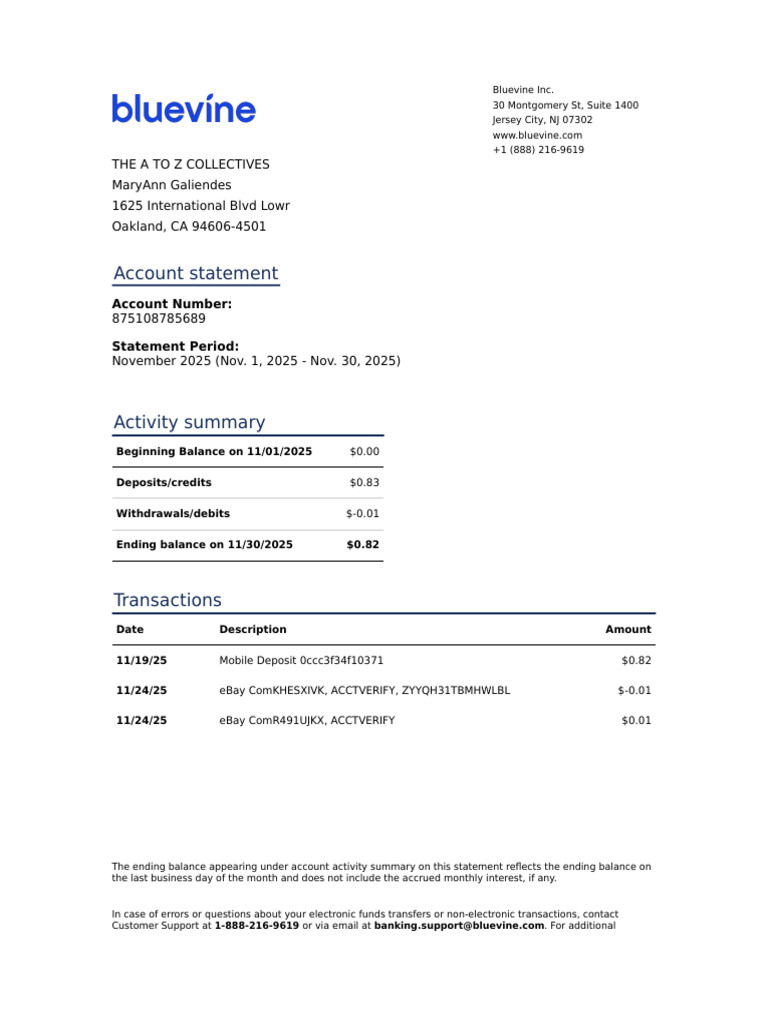 Bluevine Business Checking Statement Nov 2025 | PDF | Banks ...
