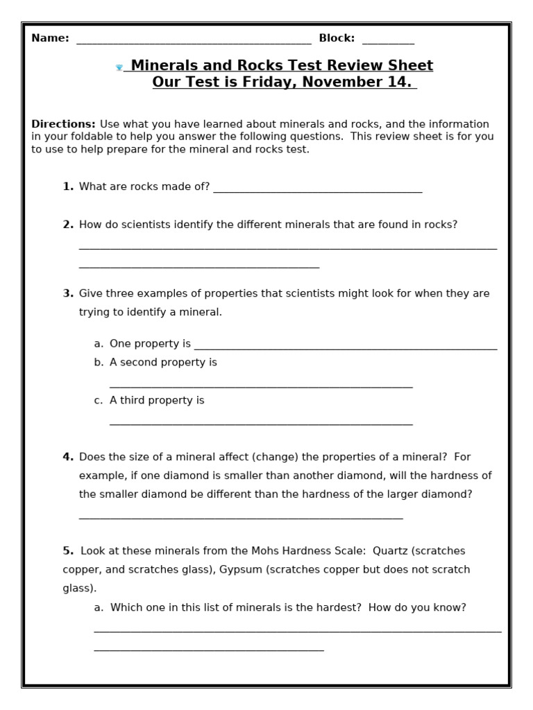 Minerals and Rocks Test Review Guide | PDF | Rock (Geology) | Minerals