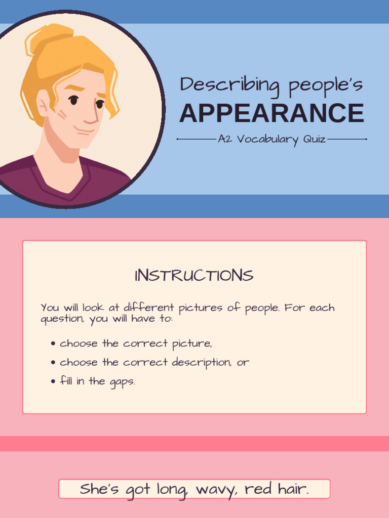 A2 Vocabulary Quiz: Describing Appearance | PDF