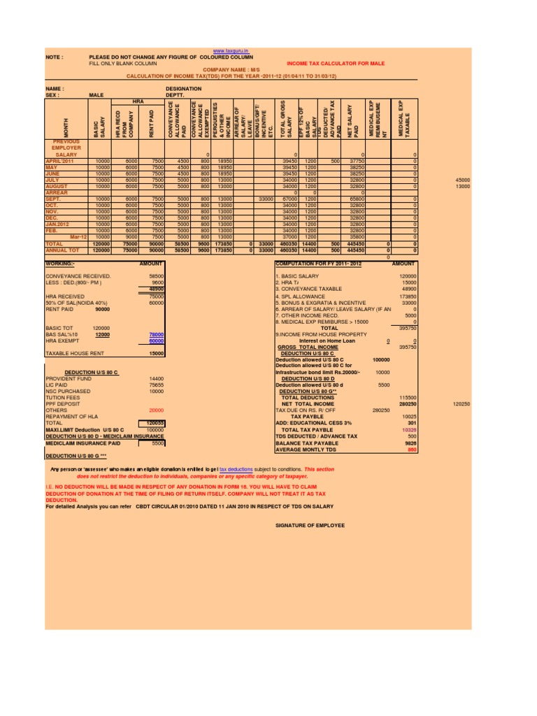 Income Tax Calculation Template 2025-26 | PDF | Tax Deduction ...