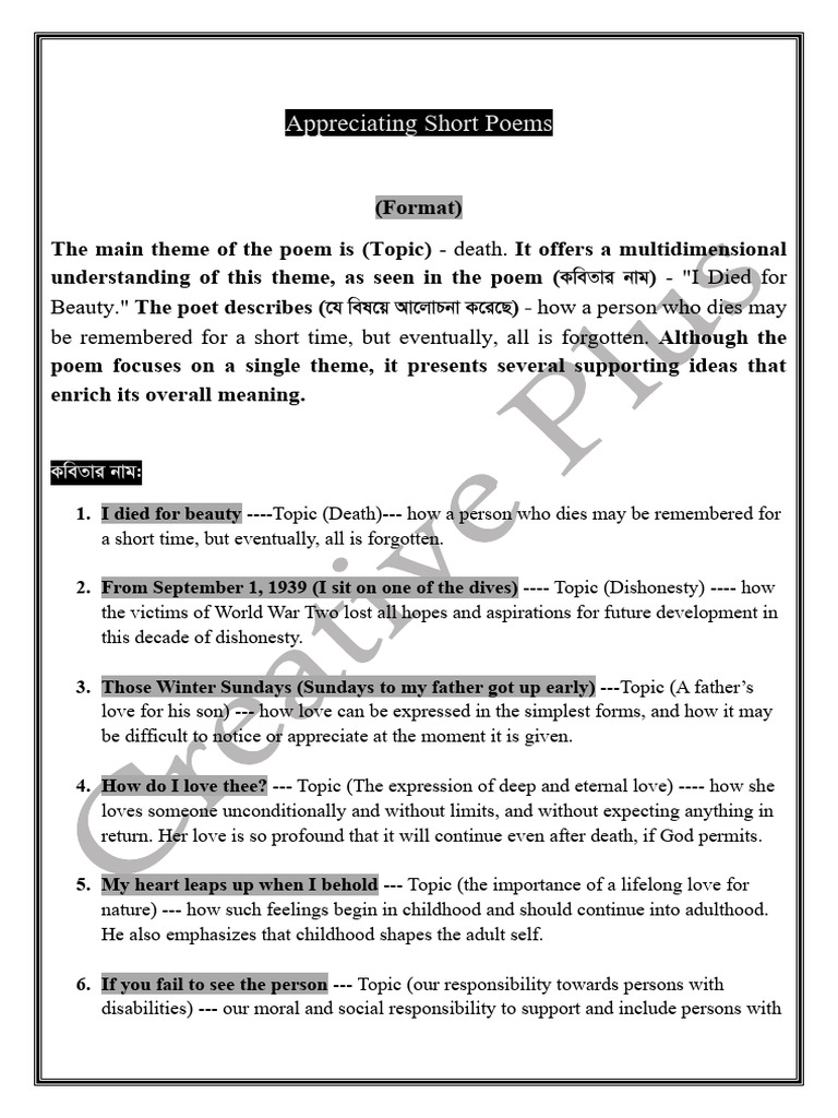 Format of Appreciating Poems. | PDF | Love