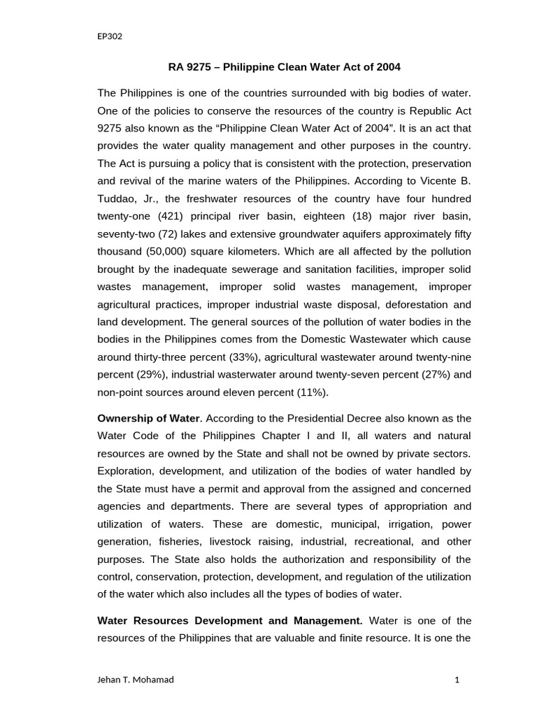 Philippine Clean Water Act Overview | PDF | Water Pollution | Clean ...