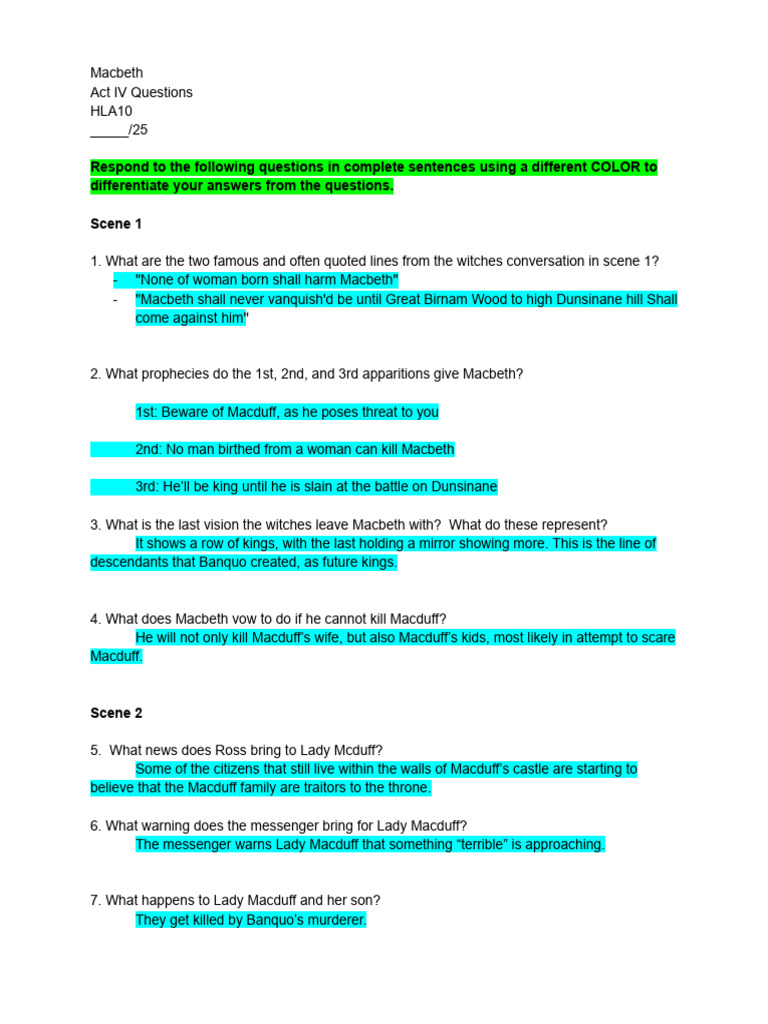 Macbeth Act IV Analysis Questions | PDF | Macbeth | Shakespearean Tragedies
