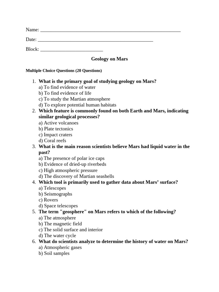 Geology on Mars Unit Test | PDF | Mars | Volcano