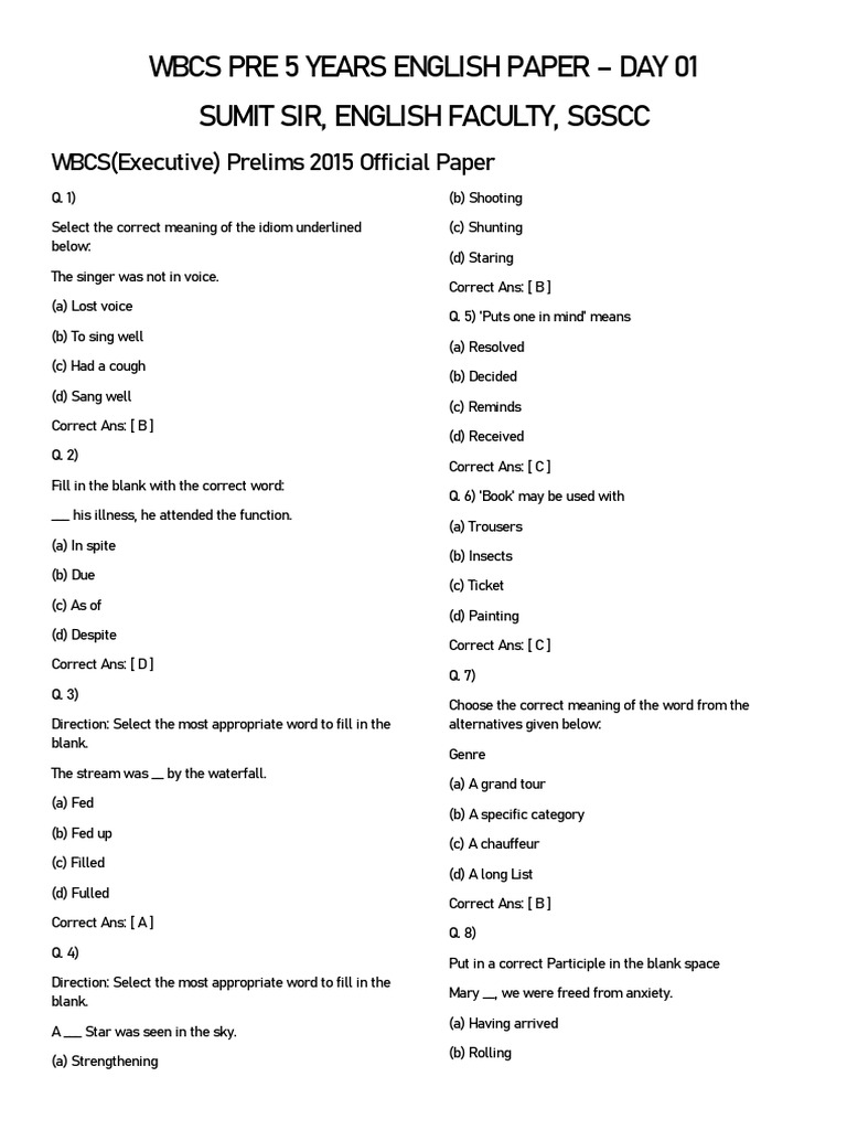 WBCS English Prelims Papers - 2015 to 2019 | PDF | Linguistic ...