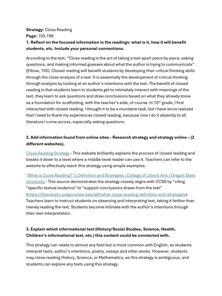 Benefits of Close Reading Strategy | PDF | Reading Comprehension | Learning