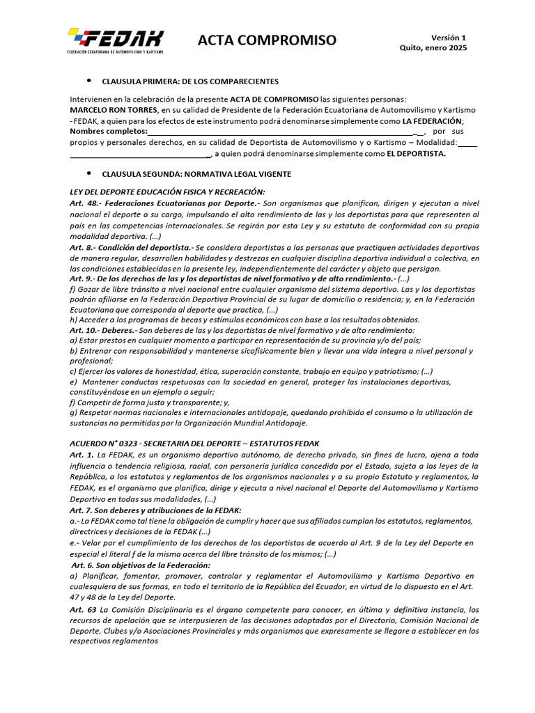 Acta de Compromiso FEDAK 2025 | PDF | Deportes | Regulación