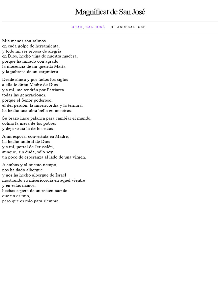Magníficat de San José ⋆ Hijas de San José...POESÍA EXTRA-BÍBLICA | PDF