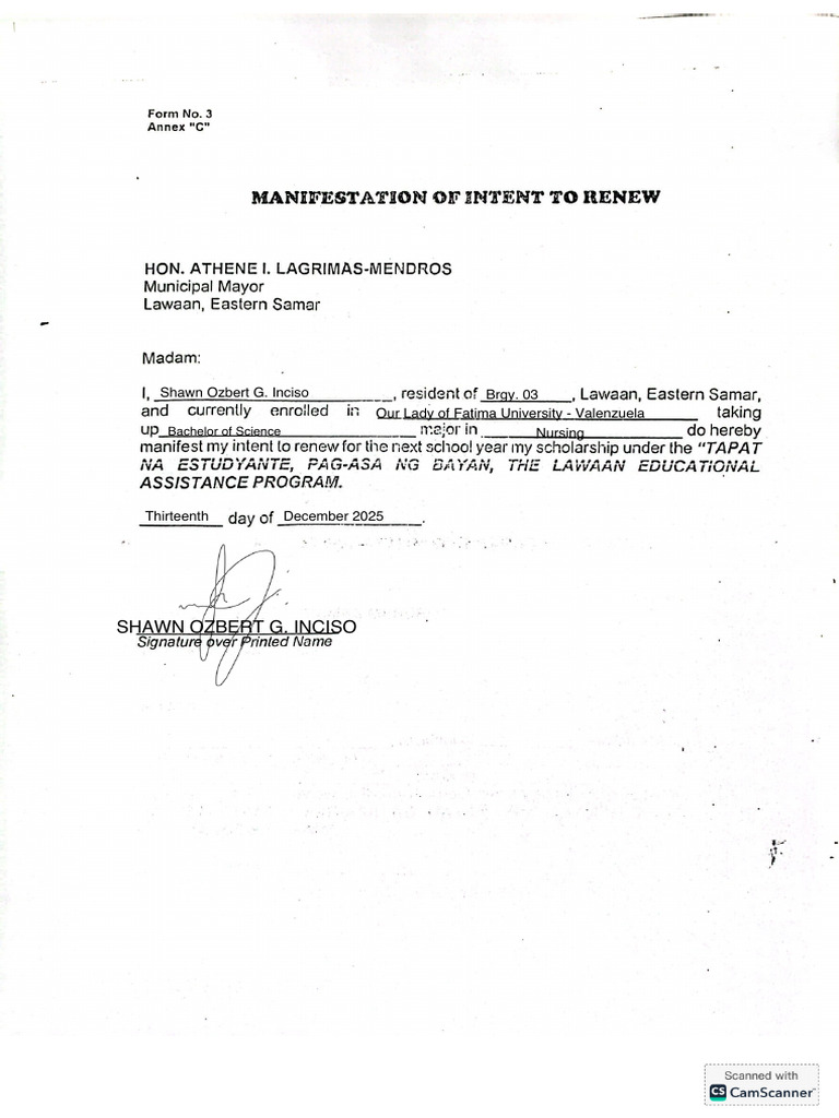 Manifestation of Intent to Renew | PDF