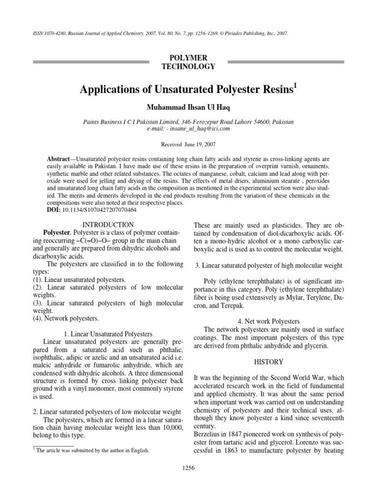 Applications of Unsaturated Polyester Re | PDF | Polyester | Chemistry