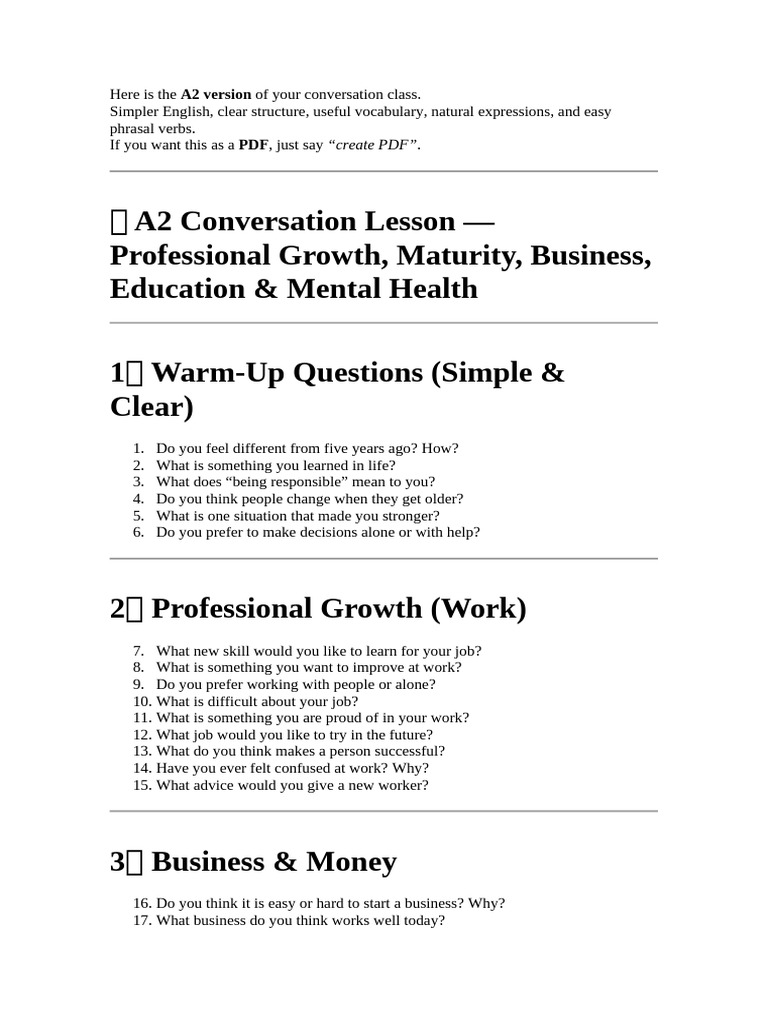 A2 Conversation Class: Growth & Well-Being | PDF