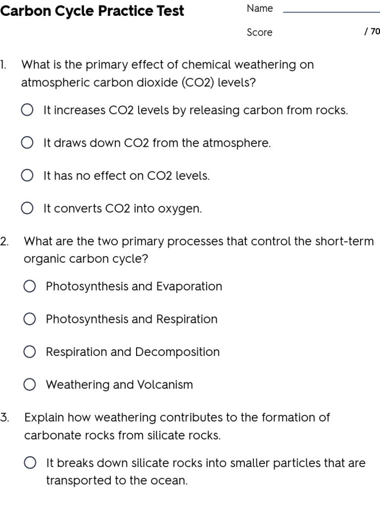 70 Q Carbon Cycle Practice Test | PDF | Carbon Cycle | Carbon Dioxide