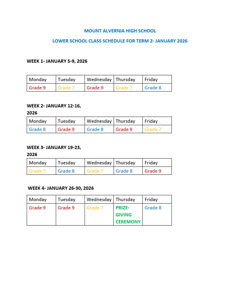 January Class Schedule For Lower School | PDF