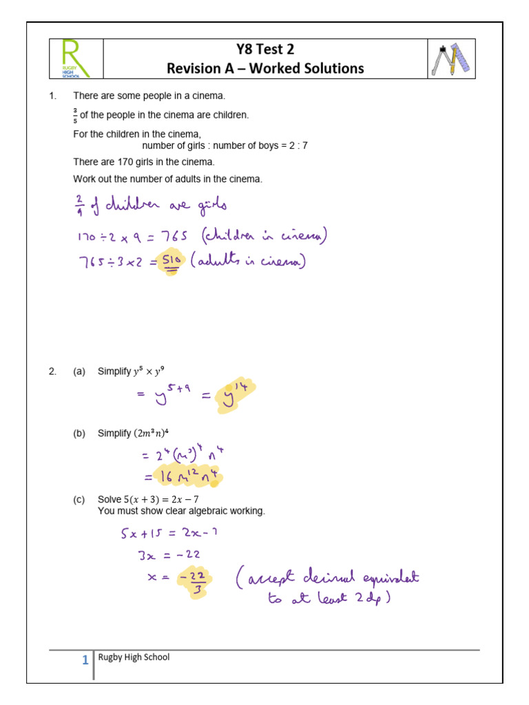 Y8 Test 2 Revision Solutions: Rugby High School | PDF | Area ...
