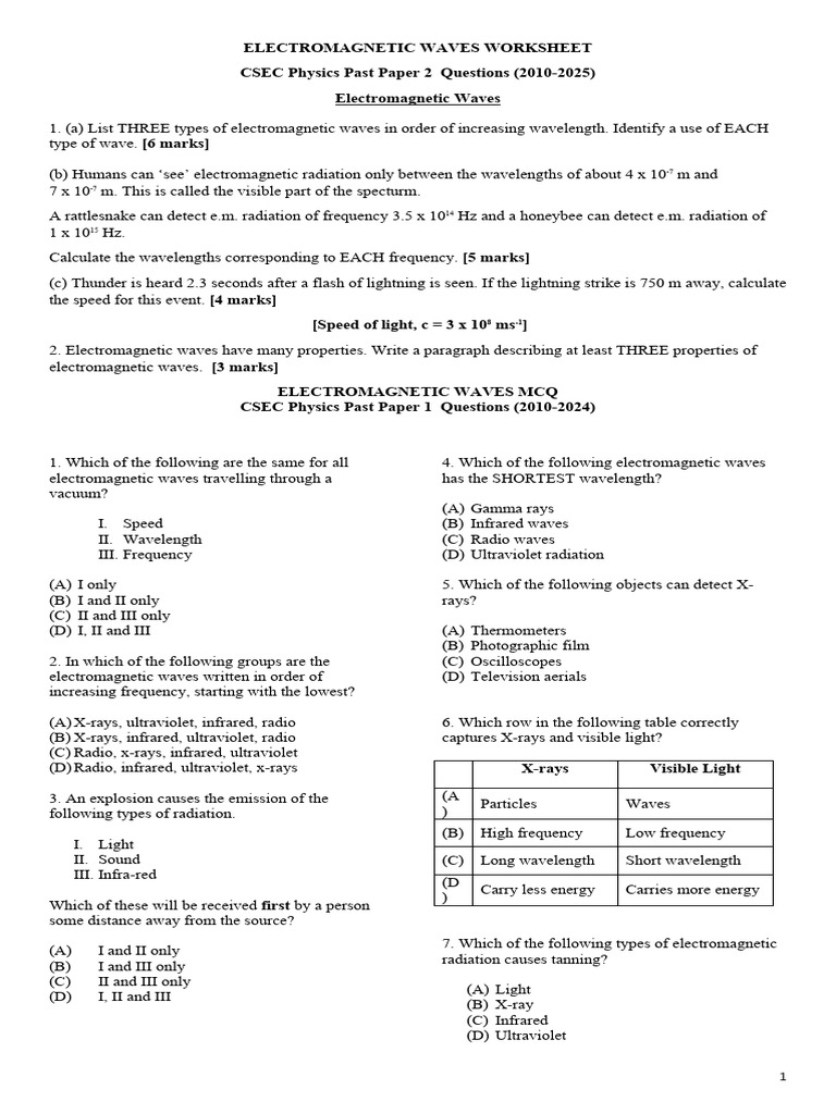 17. Electromagnetic Waves Worksheet | PDF | Electromagnetic Radiation ...
