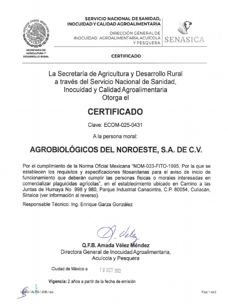 Certificado Ecom-025-0431 Comercializadora Planta 998-980 (2) | PDF