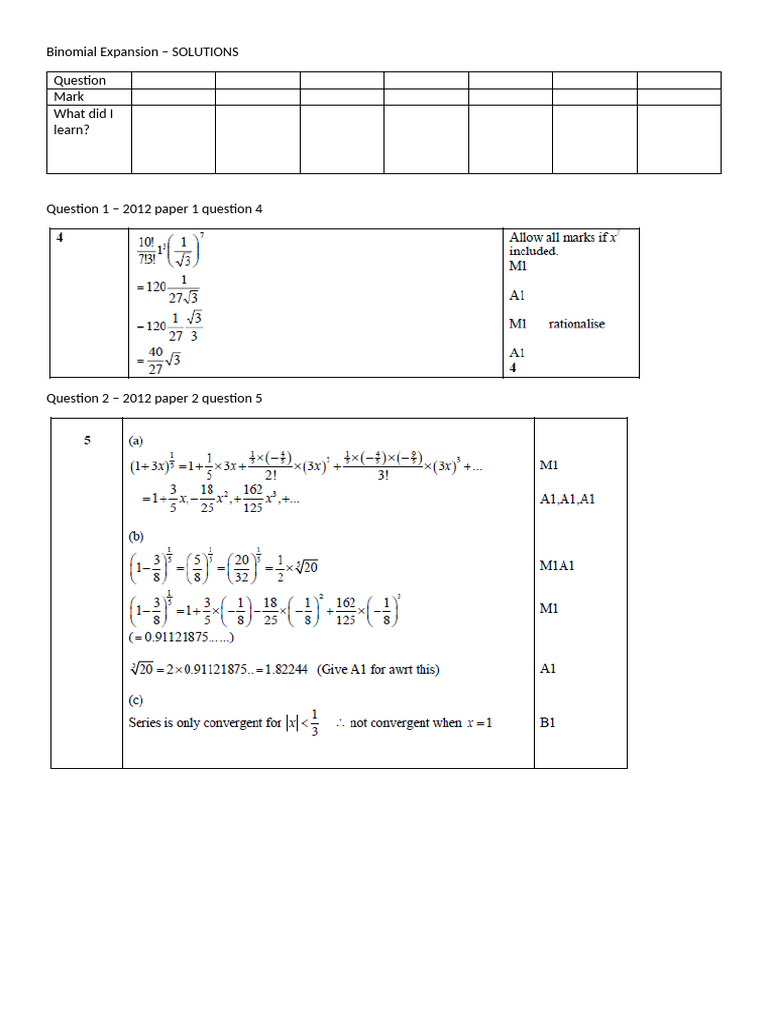 Binomial Expansion Solutions Guide | PDF