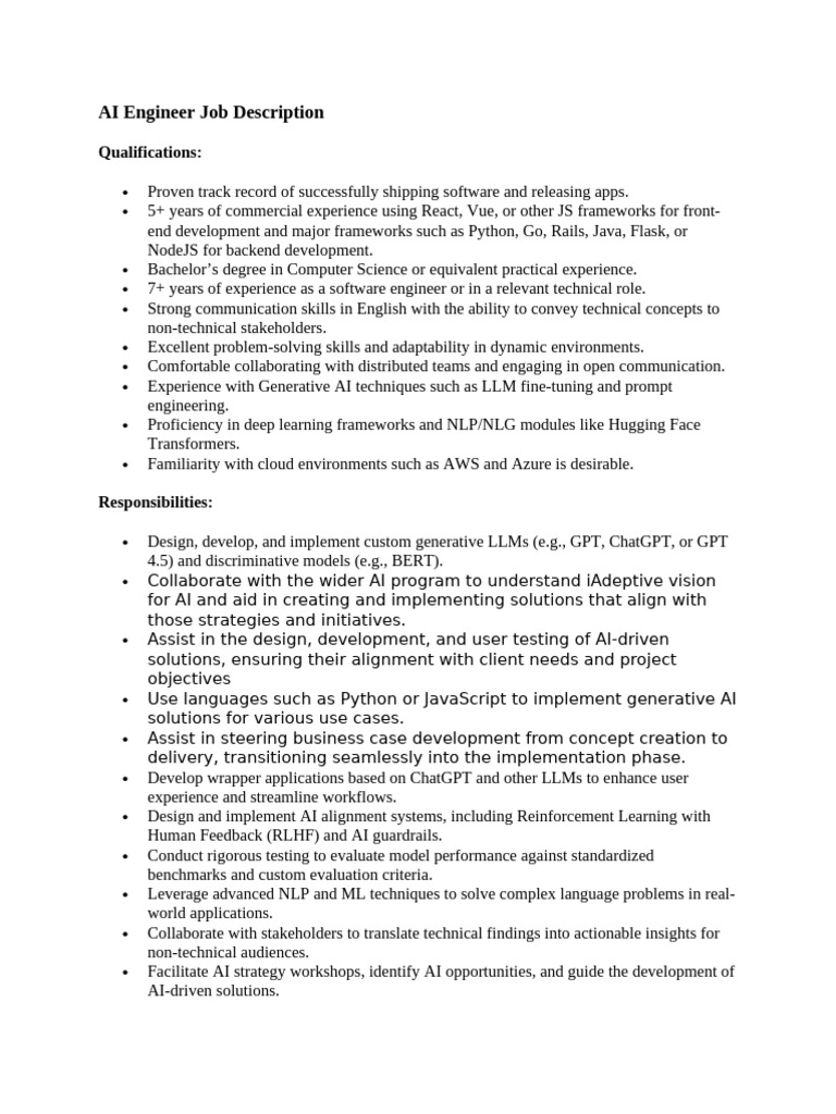 AI Engineer Job Description | PDF | Artificial Intelligence ...
