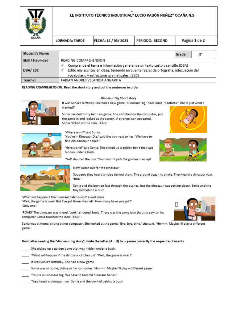 Reading Comprehension Worksheet - Dinusaur Dig Story - Mayo 12 | PDF