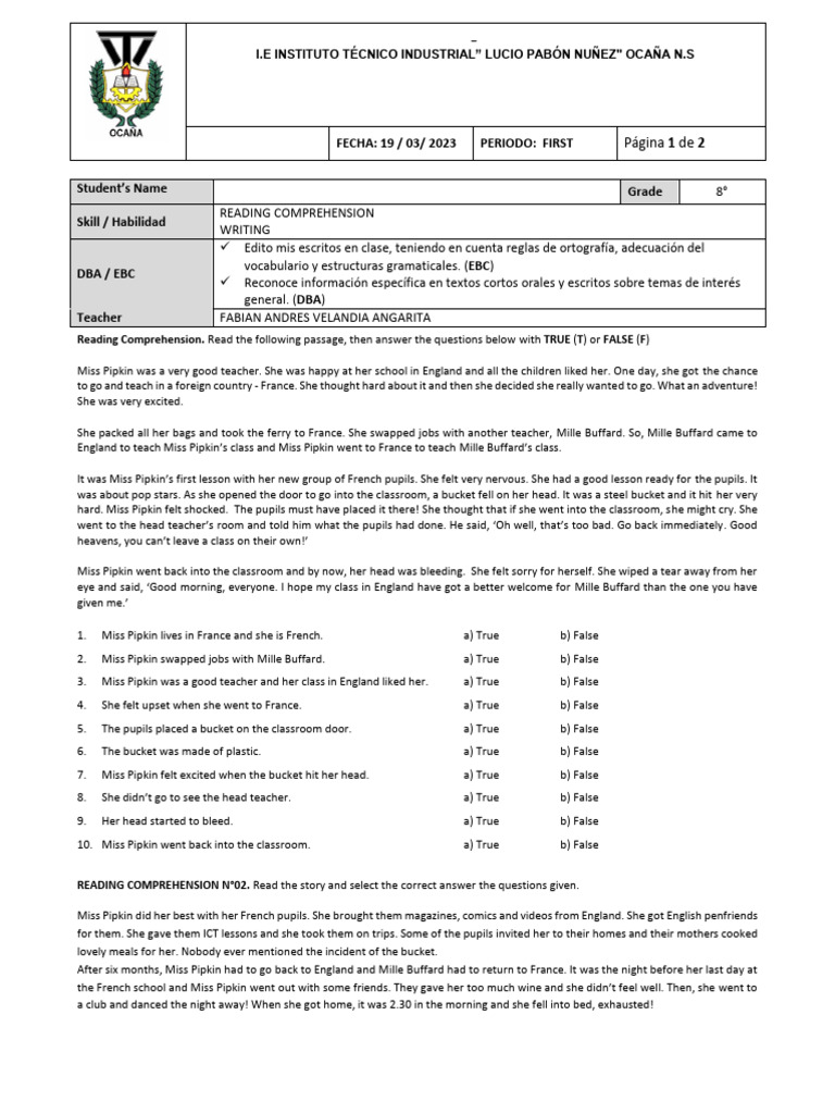 Reading Comprehension Worksheet - Miss Pipkin Reading - Mayo 19 | PDF