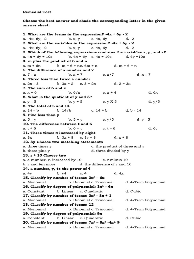2nd quarter remedial test | PDF | Polynomial | Algorithms