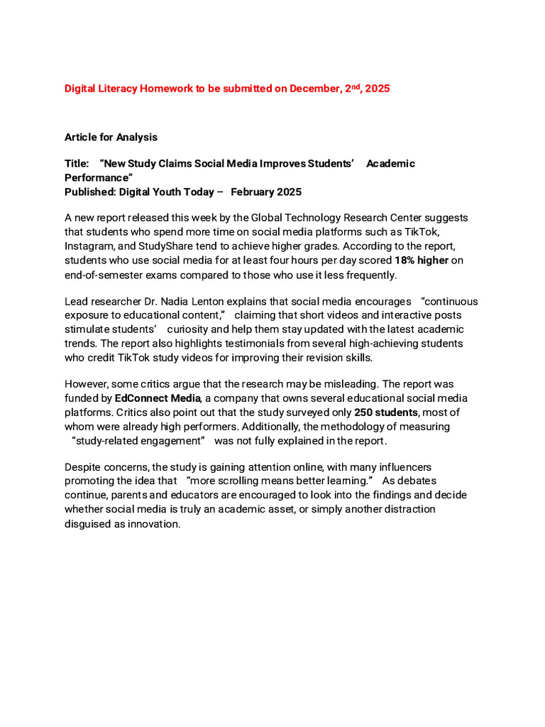 Digital Literacy Homework to Be Submitted on December, 2nd , 2025 | PDF ...