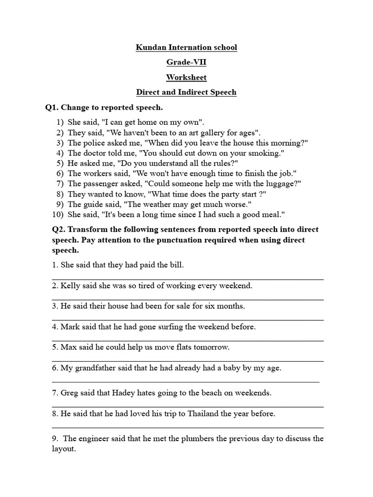 Worksheet Grade 7 Direct and Indirect Speech | PDF