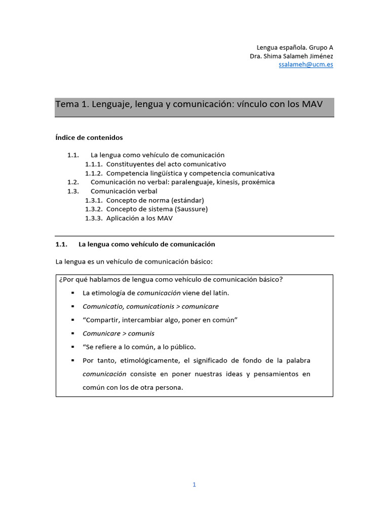 Tema 1. Lenguaje, Lenguas y Comunicacioì N. ViÌ Nculo Con Los MAV | PDF ...