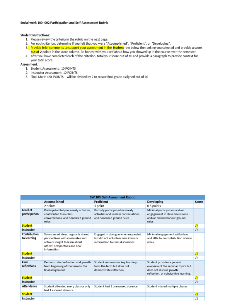 Social Work Self-Assessment Rubric | PDF | Learning | Human Communication