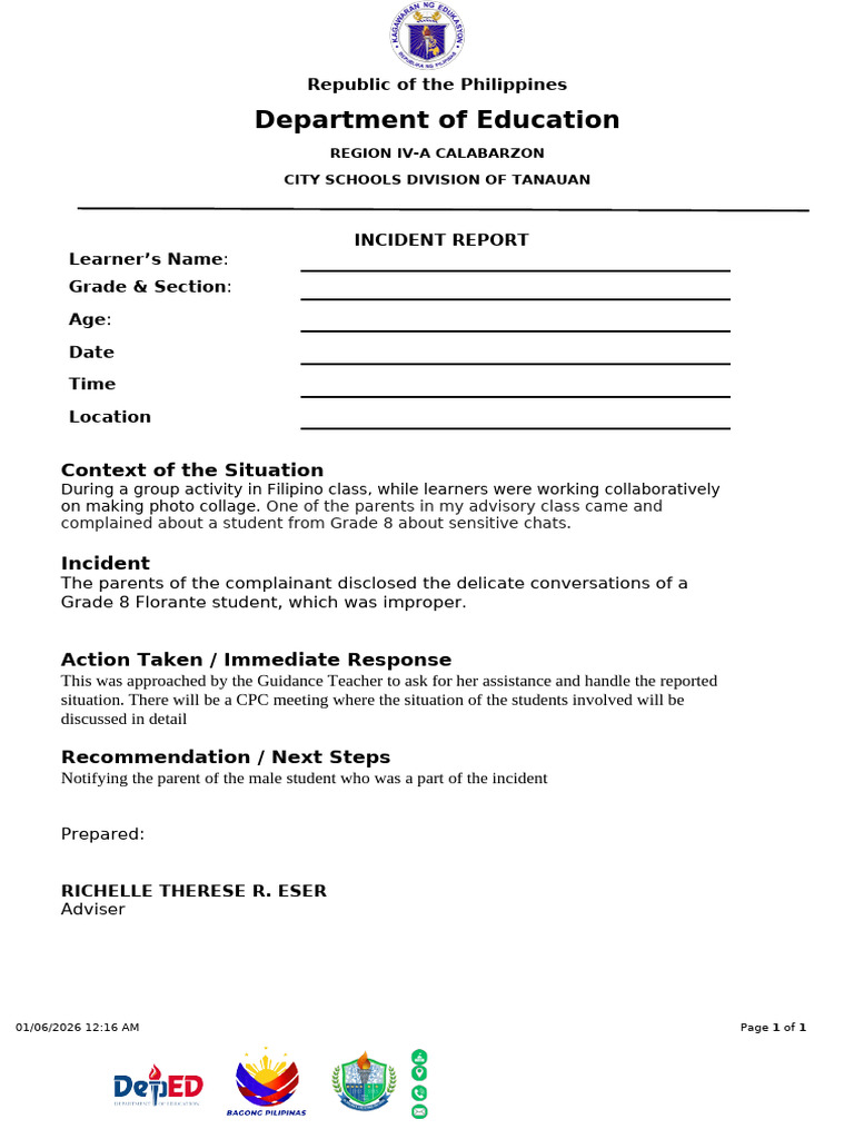 Incident Report: Filipino Class Concerns | PDF