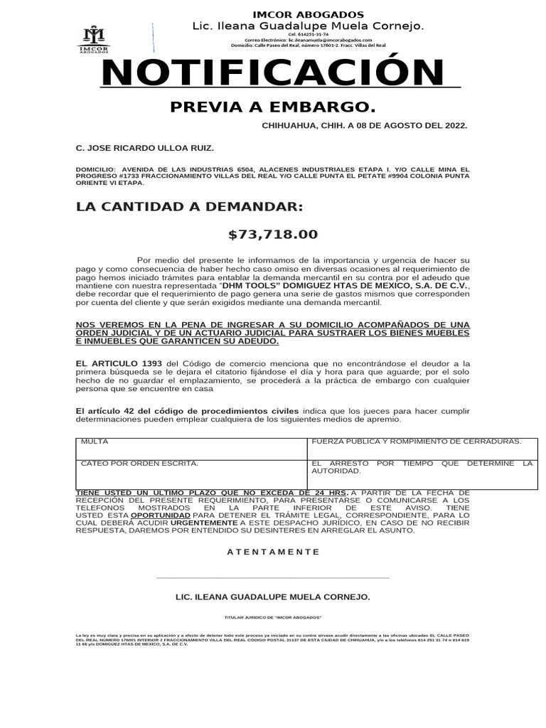 Notificación de Embargo en Chihuahua | PDF