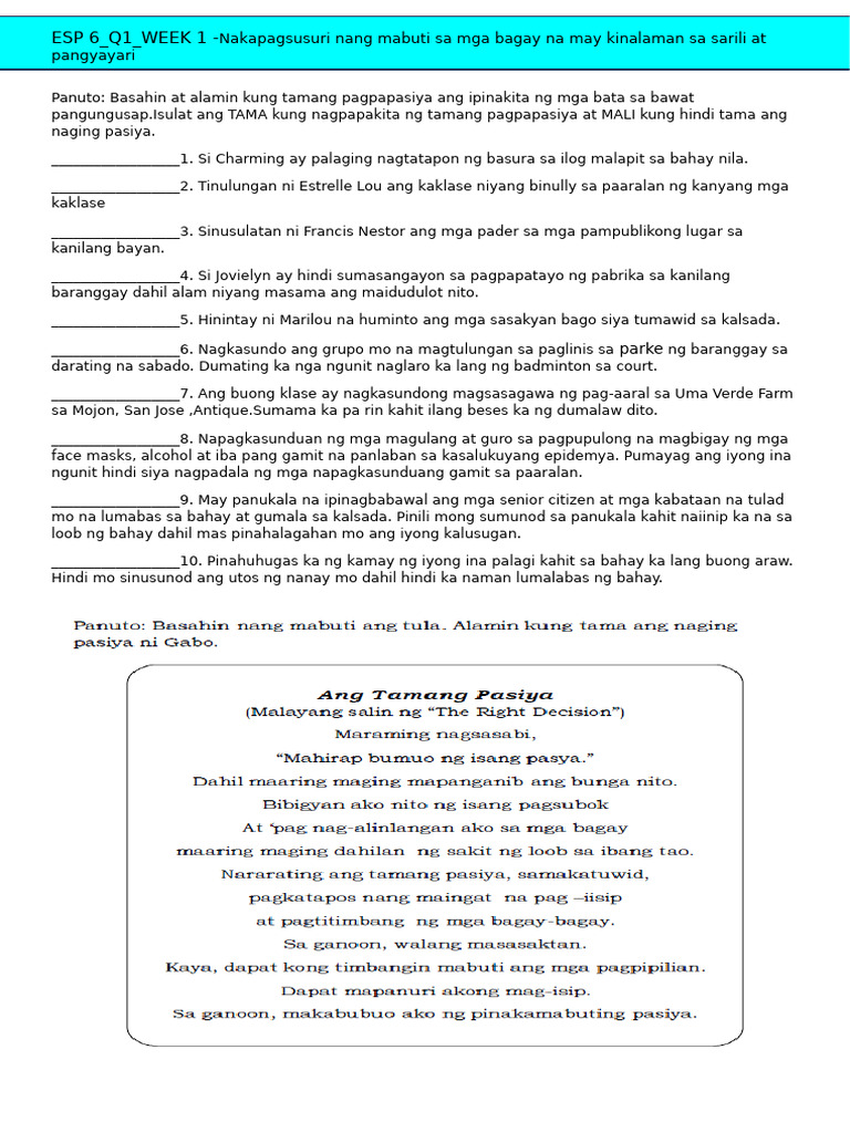 ESP 6 q1 week 1 | PDF