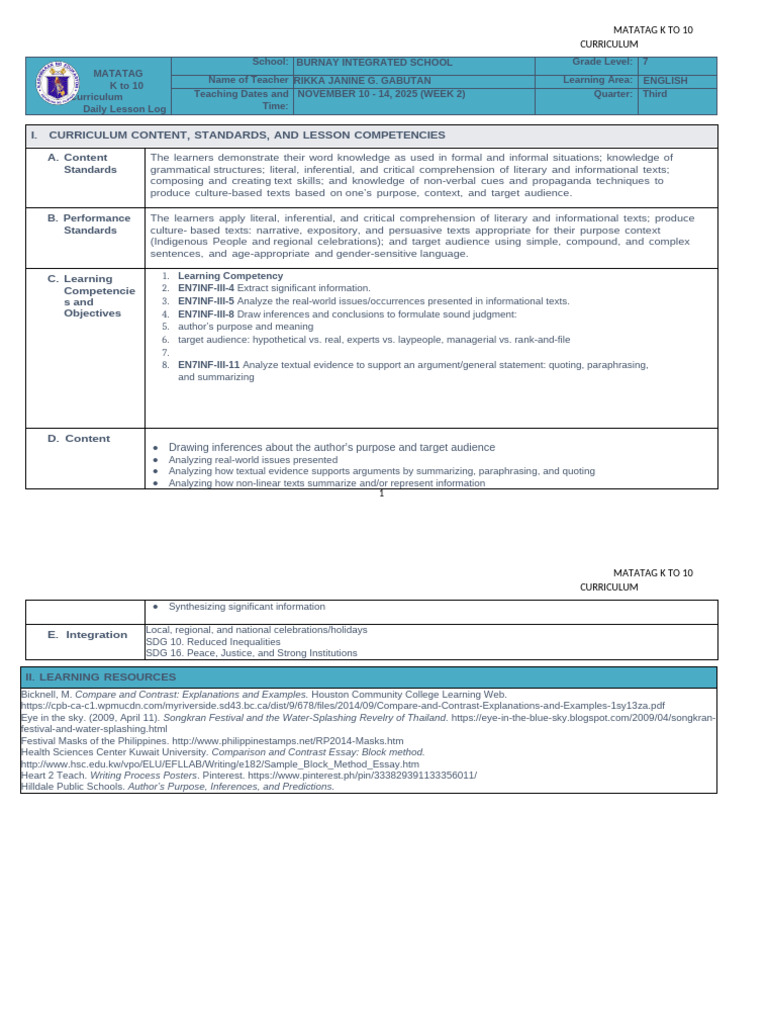 K-10 English Lesson Plan: Week 2 | PDF | Reading Comprehension ...