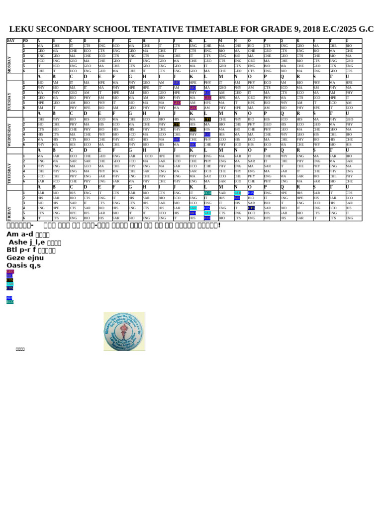 Leku Secondary School Grade 9 Timetable | PDF