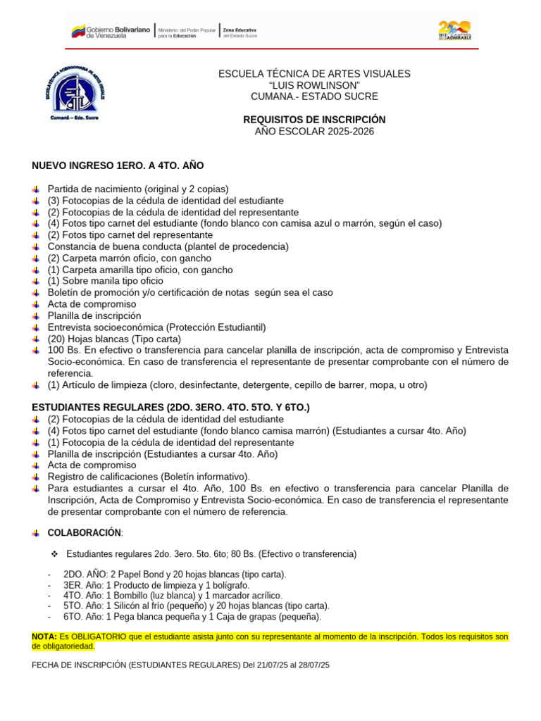 REQUISITOS DE INSCRIPCIÓN AÑO 2025-2026 (1) (1) | PDF | Control de ...