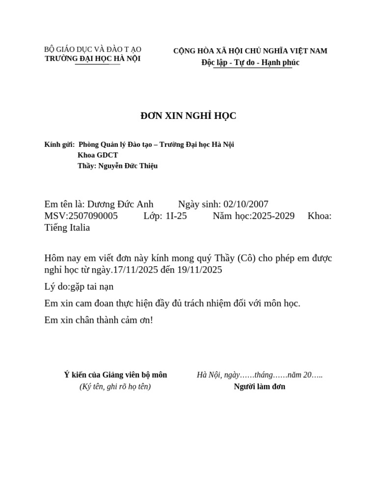 Mau Don Xin Nghi Hoc Cua Sinh Vien | PDF
