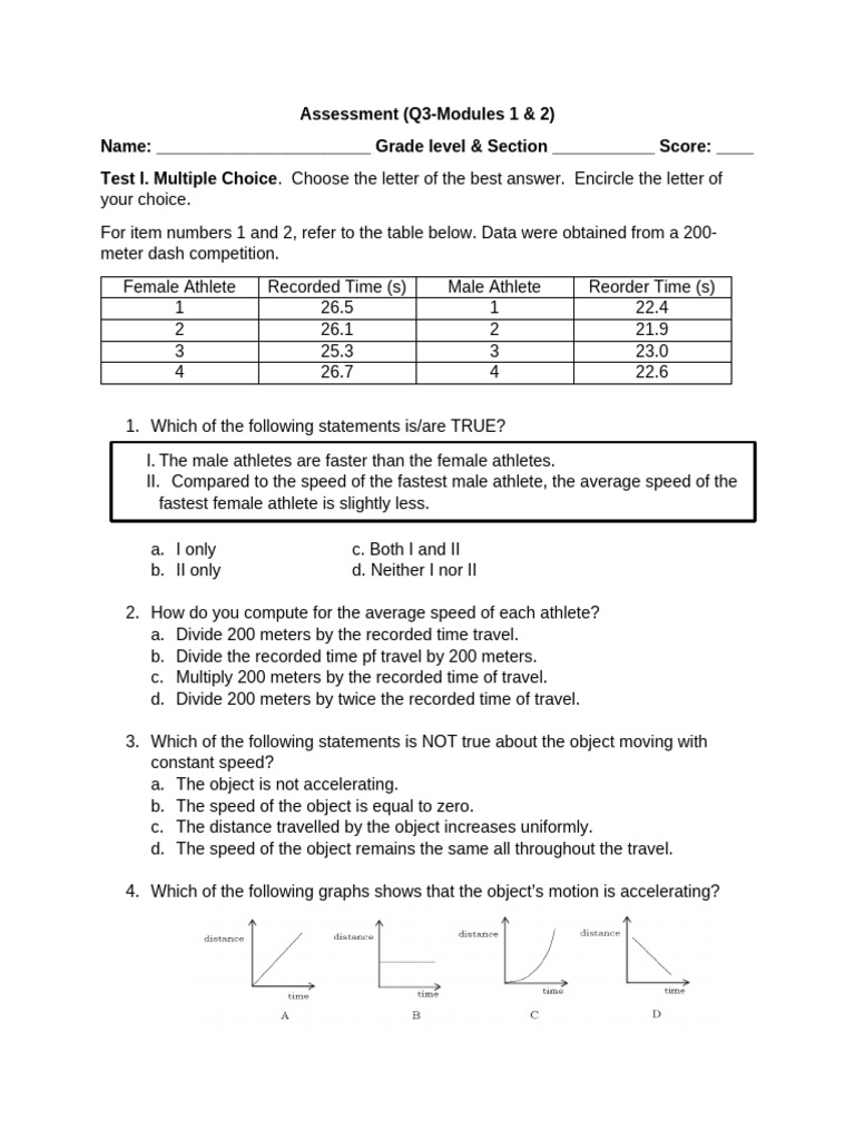 Q3 Assessment: Motion and Speed Concepts | PDF | Speed | Acceleration