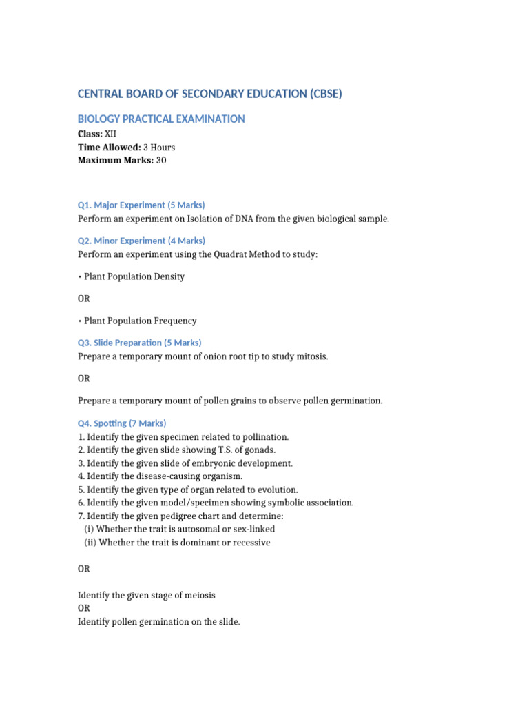 CBSE Class 12 Biology Practical Question Paper | PDF