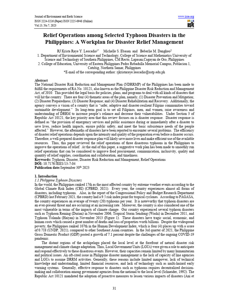 Relief Operations Among Selected Typhoon Disasters in the Philippines a ...