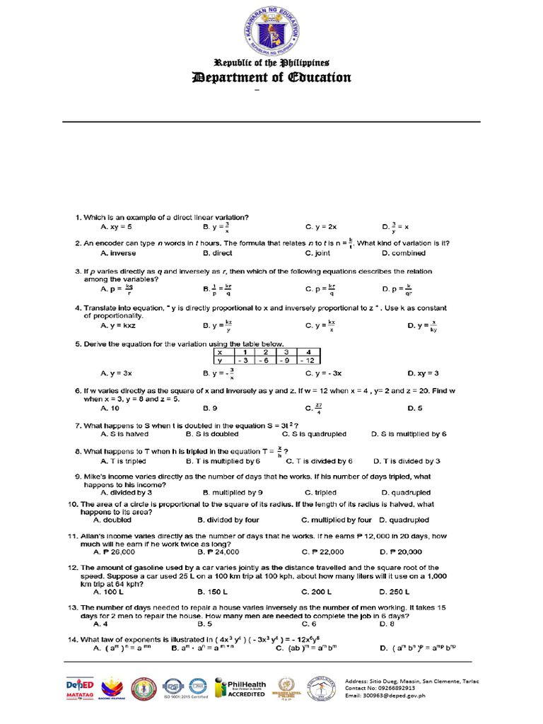 Test Paper in Math 9 - 2nd Q | PDF