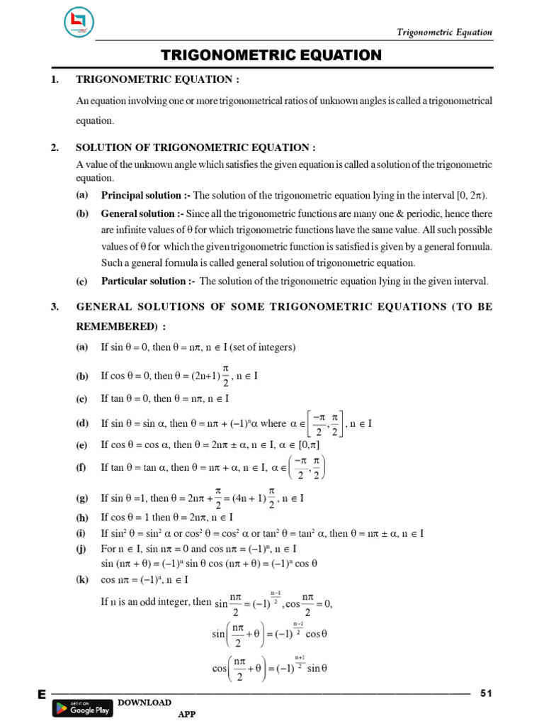 Sheet - 01 _ Trigonometric Equation | PDF | Trigonometric Functions ...