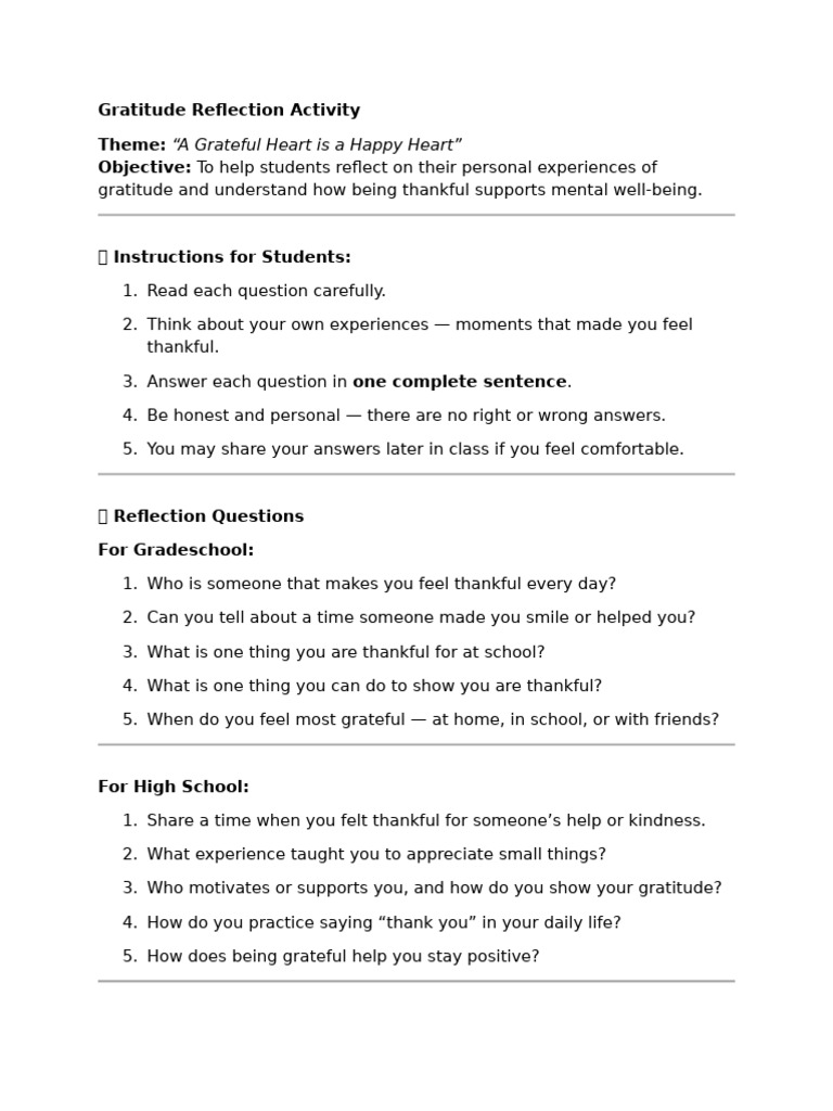 Gratitude Reflection Activity Guide | PDF