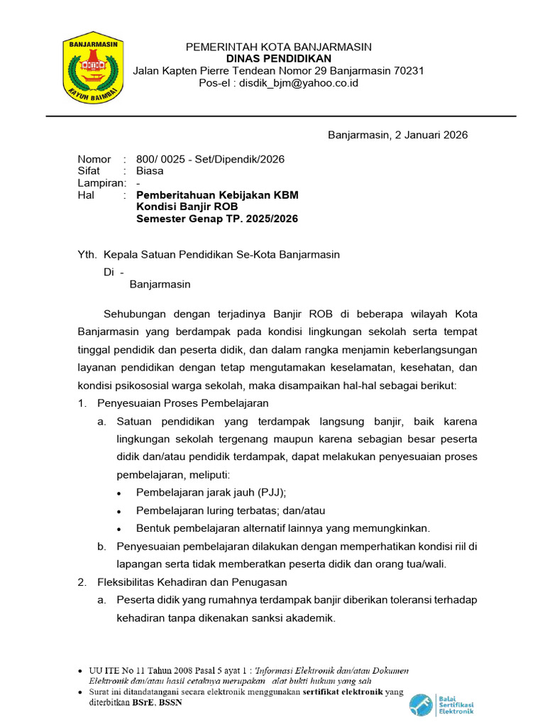 Surat Edaran KBM Kondisi Pasang Rob - Sign | PDF