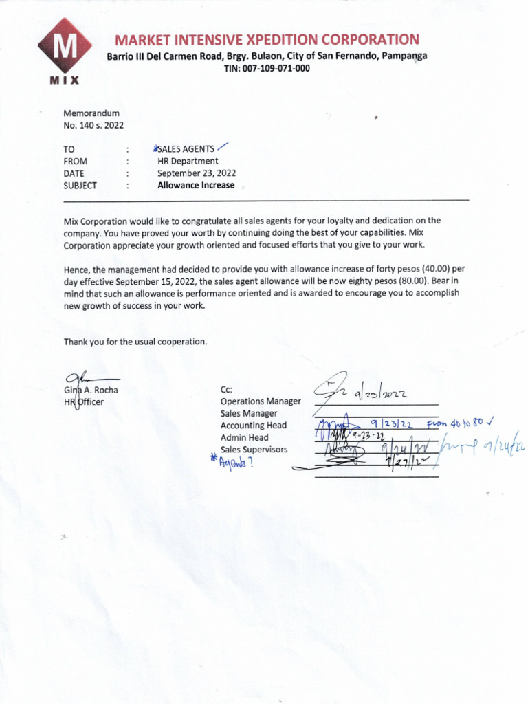 Memorandum No. 140 Series of 2022 - Allowance Increase (Sales) | PDF