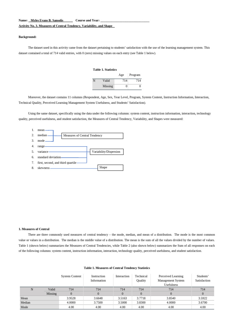 Activity No3 Measures of Central Tendencies Variablity an Shape | PDF ...